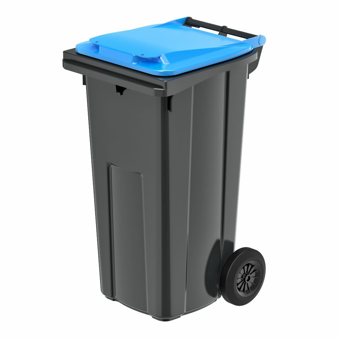 Мусорный бак, мусорный контейнер, с крышкой, на колесах, 120 л, серый с синей крышкой