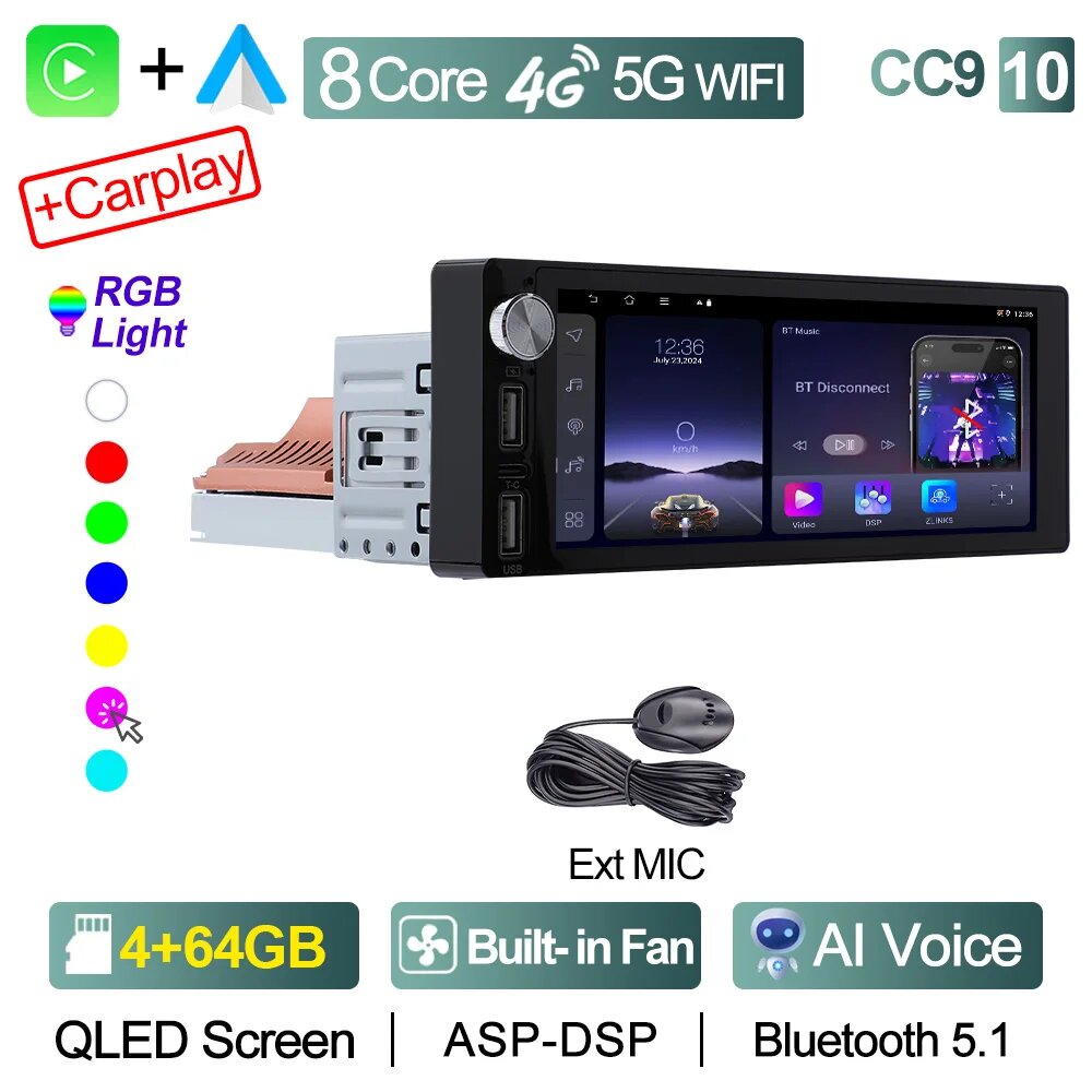 CAIXI 8-ядерный 4G 1 Din 6,9 дюймов автомобильное радио Android мультимедиа Carplay Android auto автомобильная стереосистема GPS 1din dvd USB зарядка