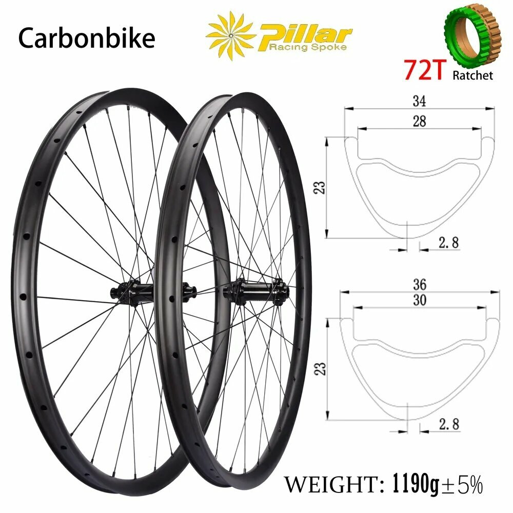 Карбоновые колеса для горных велосипедов Суперлегкие Глубина 23 мм Ширина 36/34 мм бескамерные обода Дисковые 72T Ratchet 29er Велосипедные колеса Только 1190 г