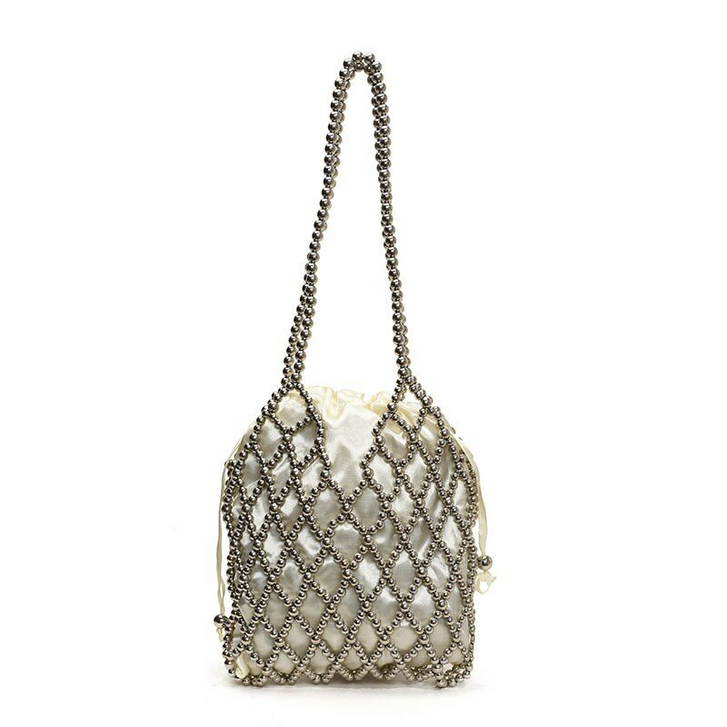 2025 Лето Новая Корейская Мода Женская Сумка на Одно Плечо с Бусинами Ручная Работа Тканая Сумка с Цепочкой Женская Сумка