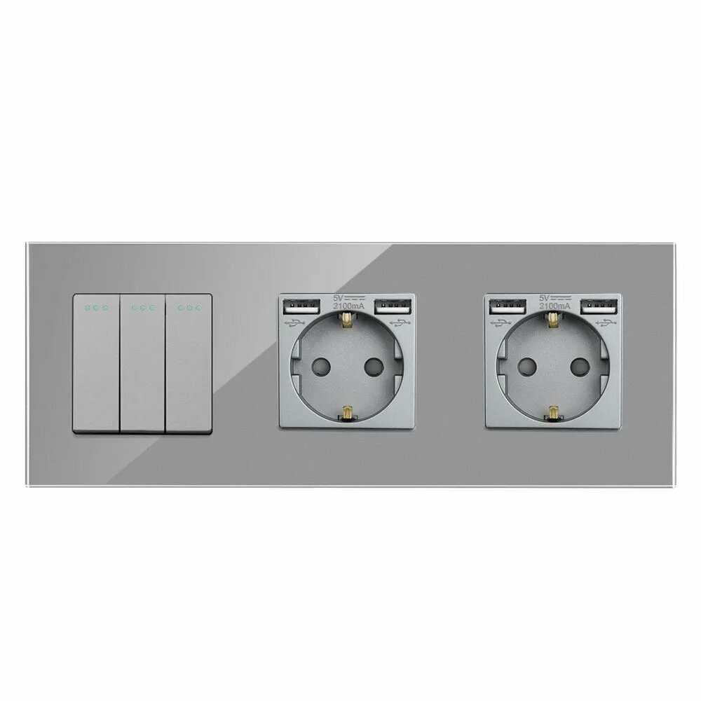 Выключатель механический трехклавишный с двумя розетками с USB ,3 клавиша 2 розетки, панель стекло серый,228mm