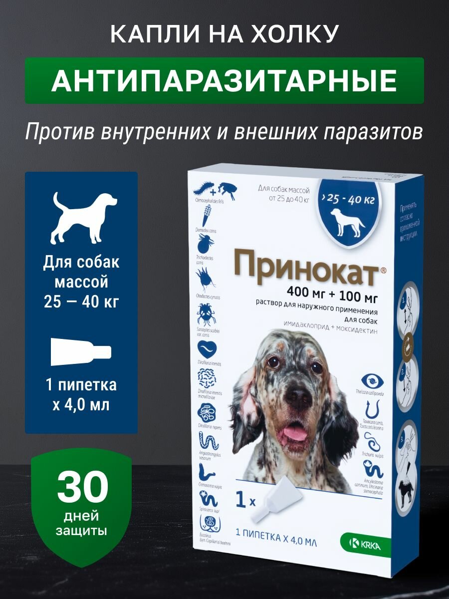 Принокат р-р д/наружного прим. д/собак от 25кг до 40кг 400+100мг пип. 4мл №1