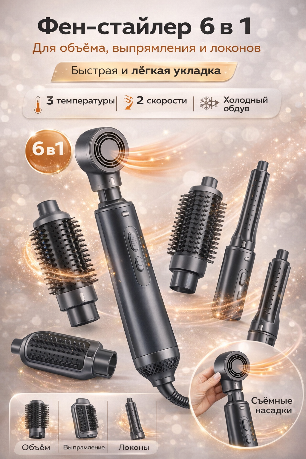 Фен-стайлер 6 в 1 с насадками для объёма, выпрямления и локонов, 3 температуры