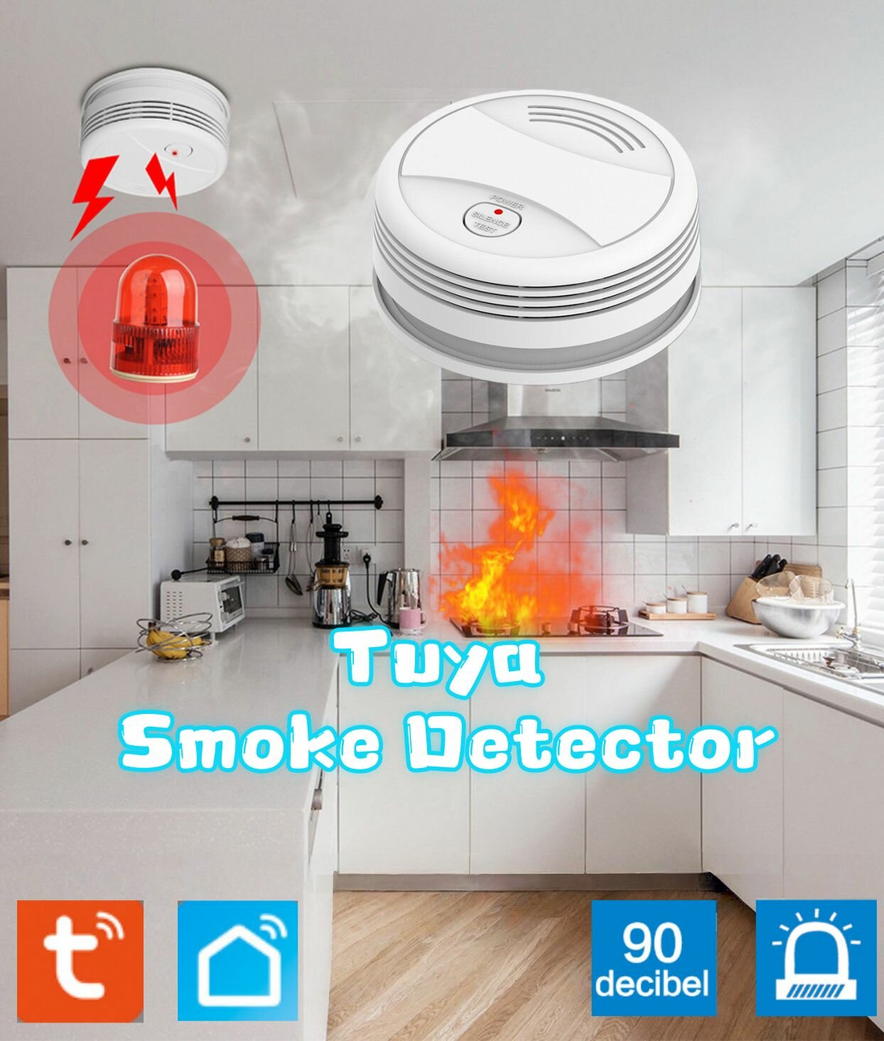 Умный Wi-Fi датчик дыма Tuya, фотoэлектрический сенсор, громкая сирена 90 дБ, оповещение через приложение, пожарная сигнализация для дома и офиса