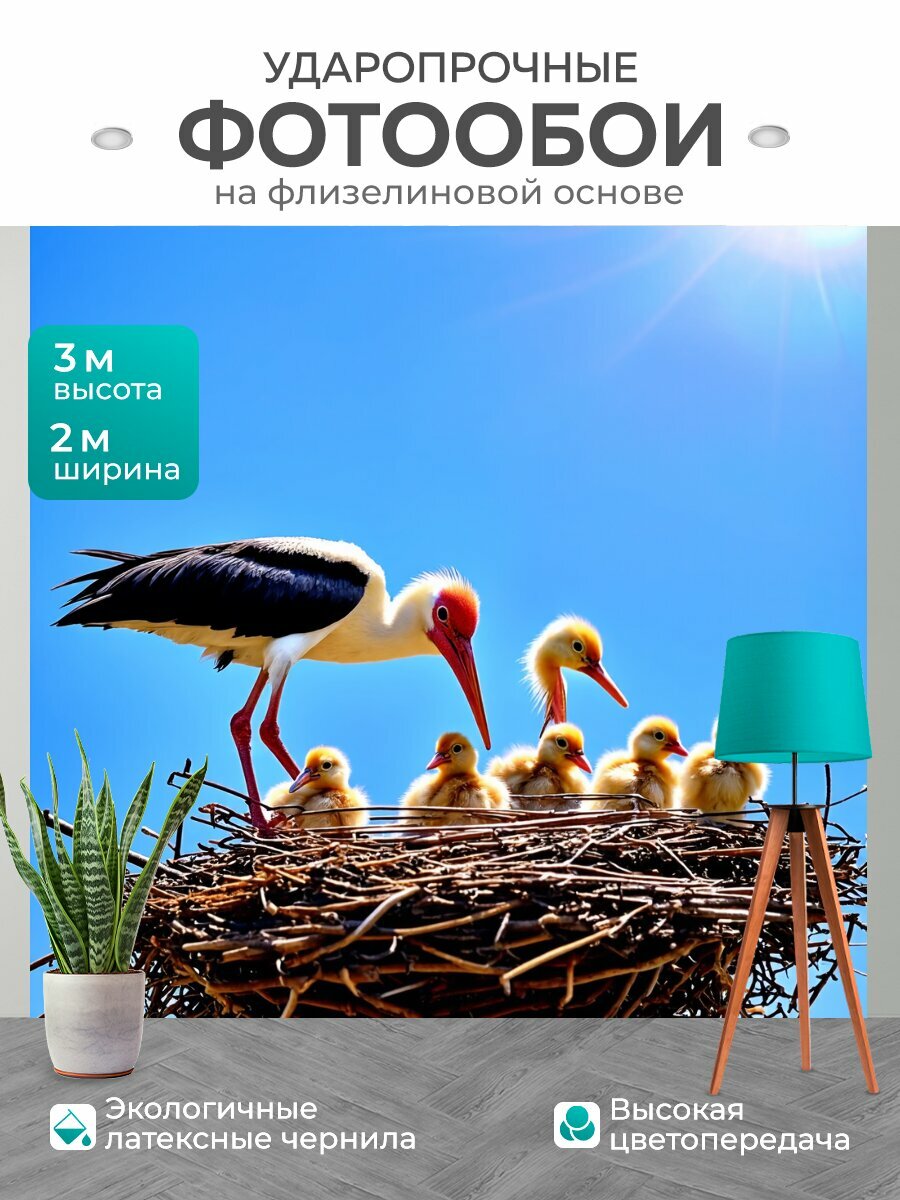 Фотообои моющиеся ударопрочные "Аист, кормящий своих птенцов в гнезде, на фоне ясного голубого неба и яркого солнца" 300x300 см. флизелиновые на стену