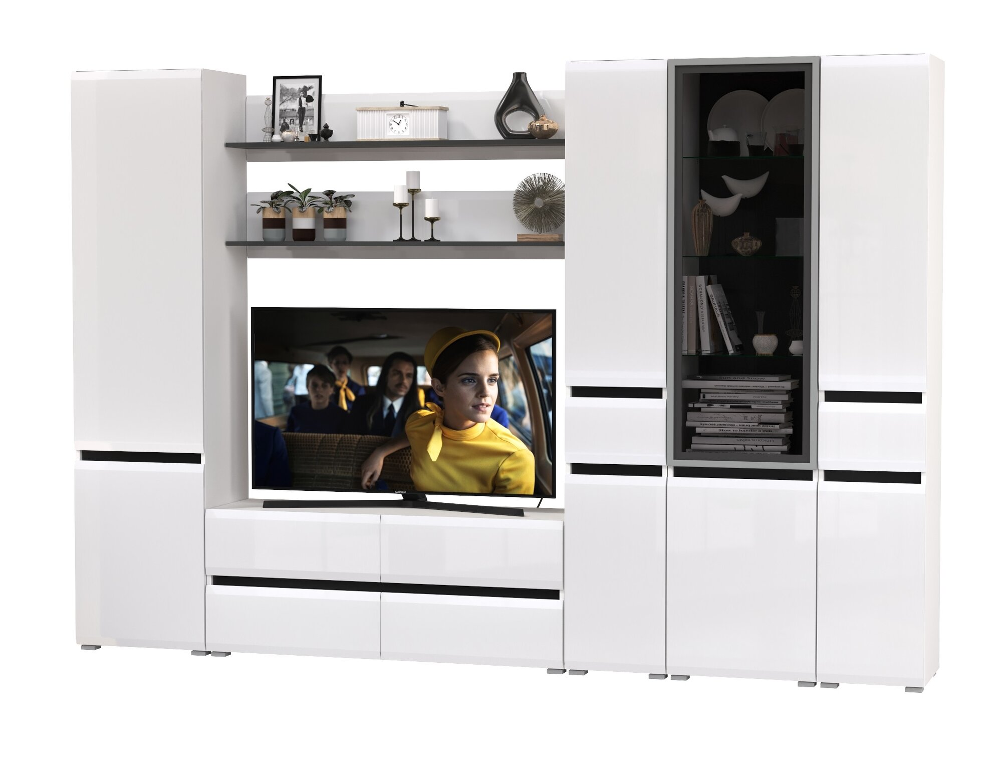 Комплектация Моби Сидней № 65, цвет белый/чёрный/МДФ белый глянец, 299,9х41,3х205,2 см.