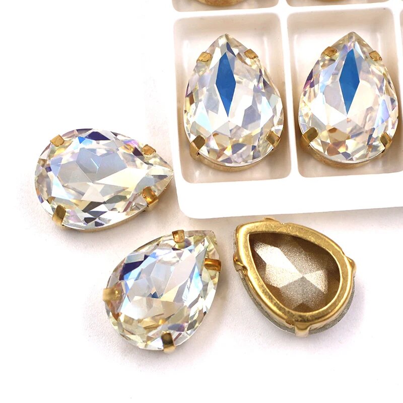 Стразы из стекла K9 в форме капли с золотой рамкой для рукоделия 20x30mm, Crystal moonlight