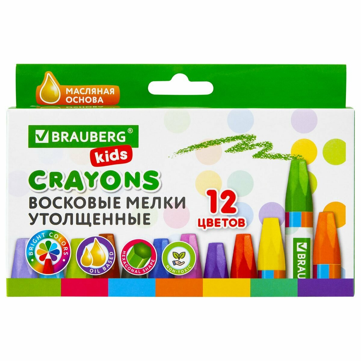 Мелки восковые 12 цветов Brauberg Kids (D=11мм, утолщенные, на масляной основе, яркие цвета) (271693)