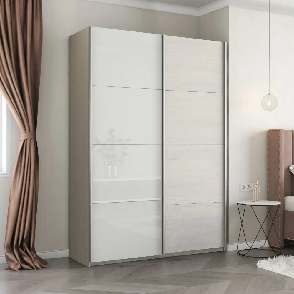 Шкаф-купе Прайм 2-x дв 120 x 230 x 57 ЛДСП Белое стекло Ясень Анкор светлый с доводчиками