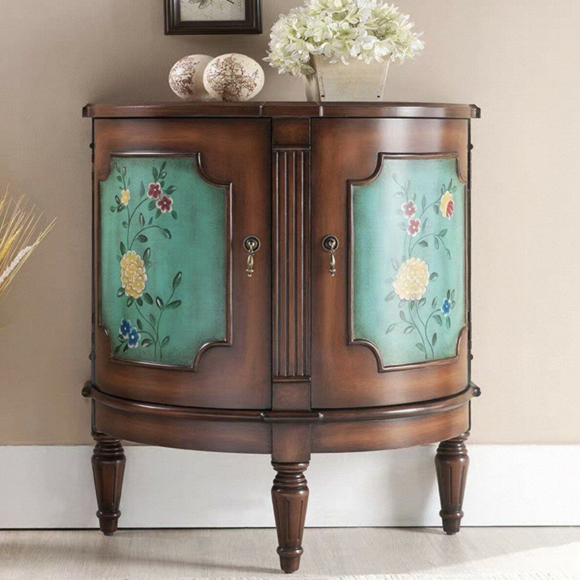 Тумба полукруглая во французском старинном стиле Dieval (Темное дерево основание + голубой вставки)