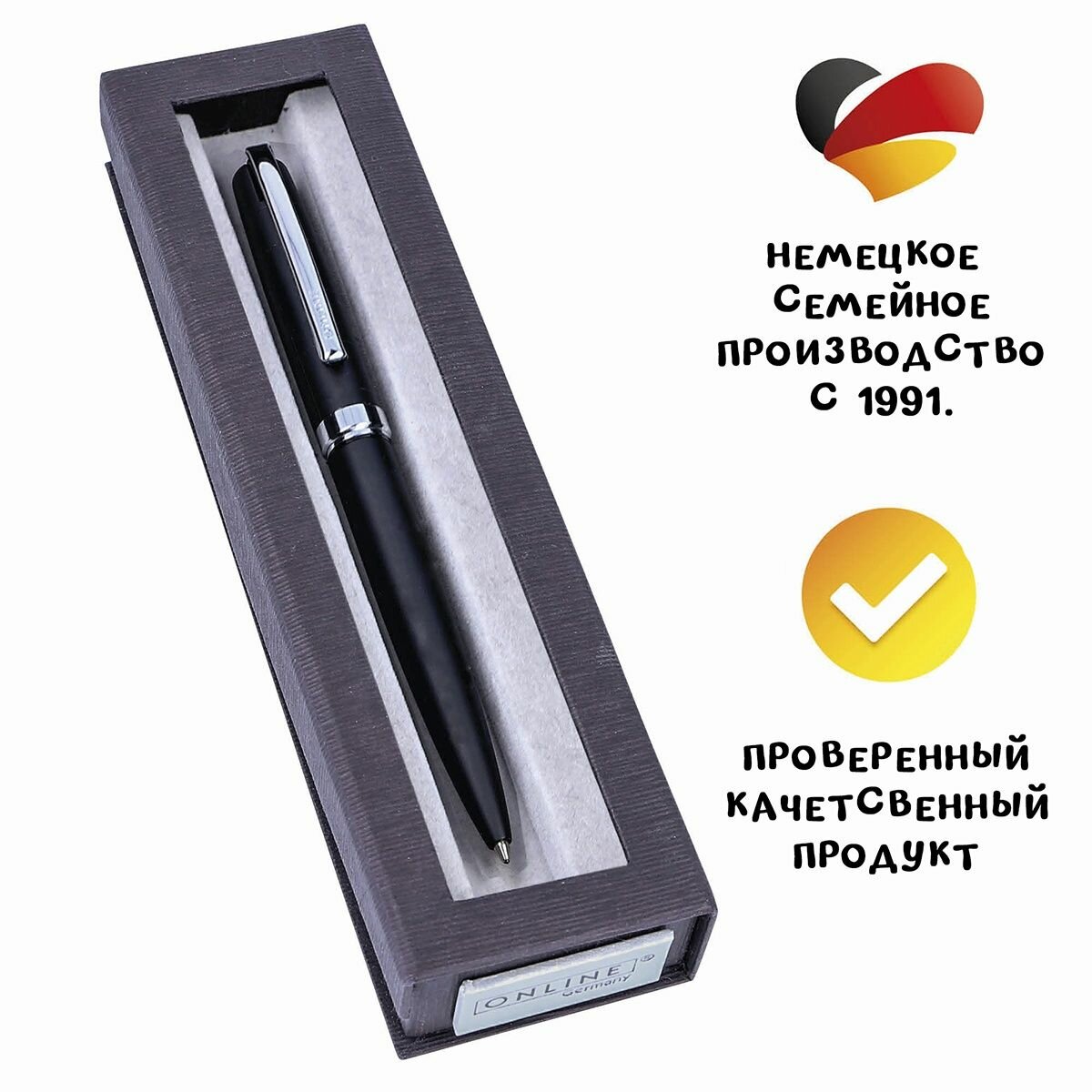 Шариковая ручка ONLINE "Eleganza", с черным стержнем, толщина линии M, 0,5 мм, корпус Черный с серебром