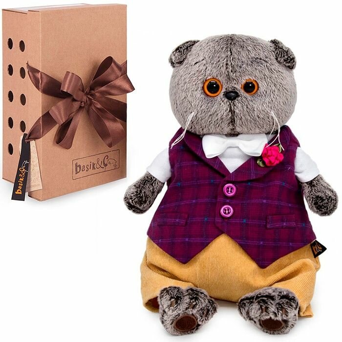 Кот игрушечный мягкий Basik&Сo Басик в бордовом жилете с розочкой (Ks30-178)