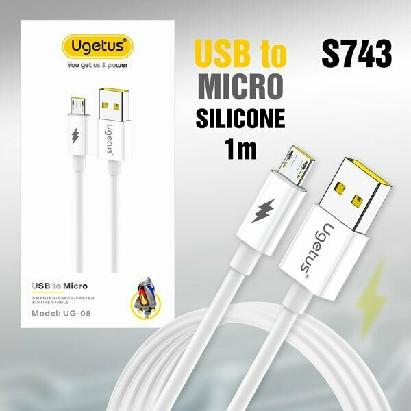 Кабель USB Ugetus UG08 Micro силиконовый для телефона 1м белый зарядный для смартфонов Андроид
