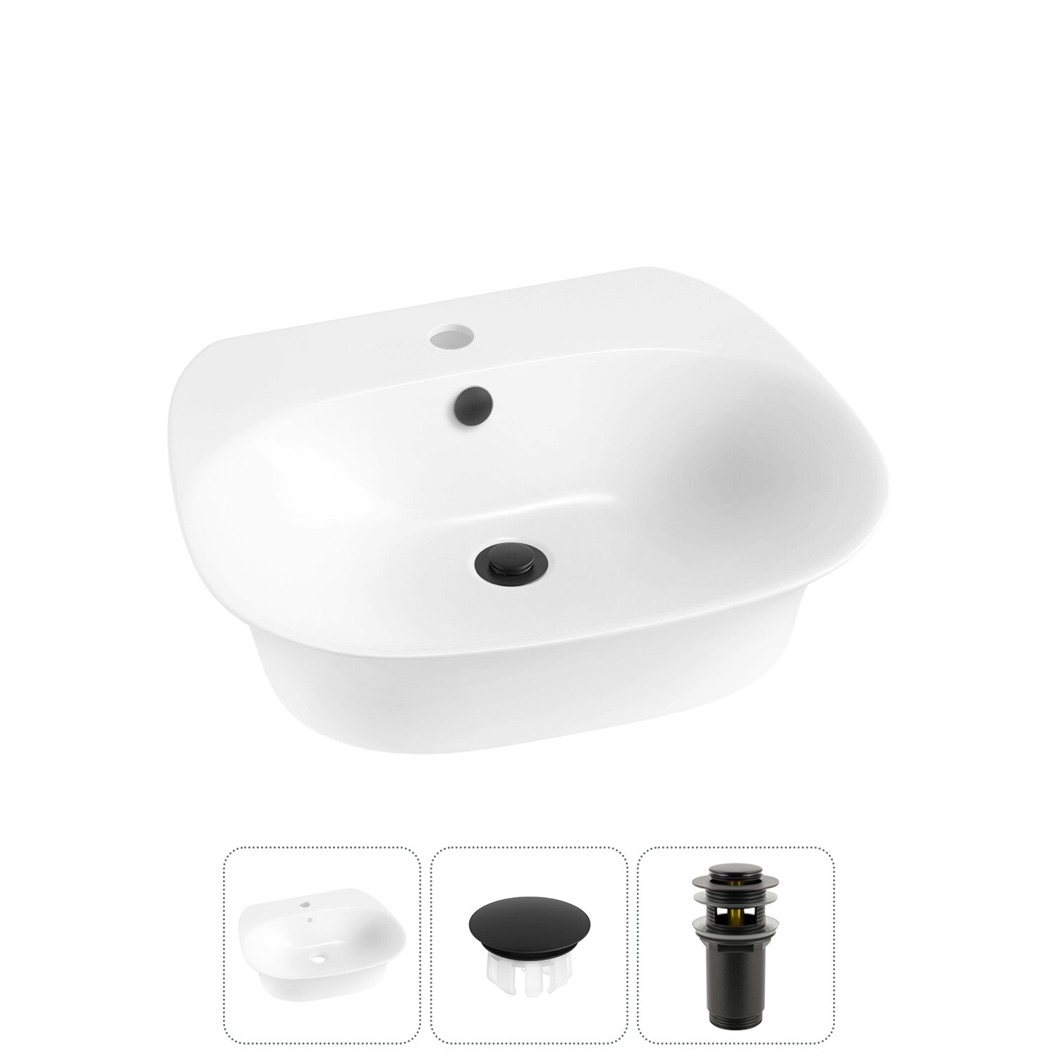 Подвесная или накладная раковина в ванную комнату Wellsee Excellence Pro 20216998R в наборе 3 в 1: раковина 50 см в цвете белый глянец с заглушкой на переливзаглушка на перелив, донный клапан