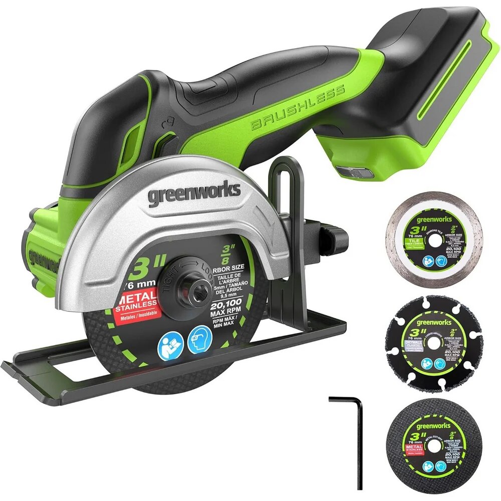 Угловая мини-шлифмашина аккумуляторная GreenWorks GD24UCS, 24В, б/щет, 20000 об/мин, 76 мм, рез 18 мм, без АКБ и ЗУ 3402007