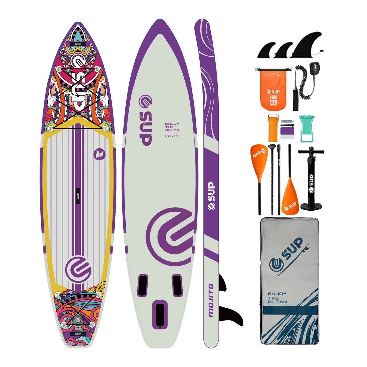 Надувная двухслойная SUP-доска E-SUP MOJITO 1 11'6" 350-81-15 см / Сапборд для серфинга, йоги и отдыха с 4-х секционным каячным веслом