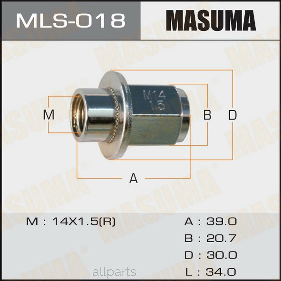 MASUMA MLS-018 гайка колесная! 14x1.5 21мм\ Mazda 121/323/626/3/5/6, ToyotaCarina/Corolla/RAV 4/Avensis 85>