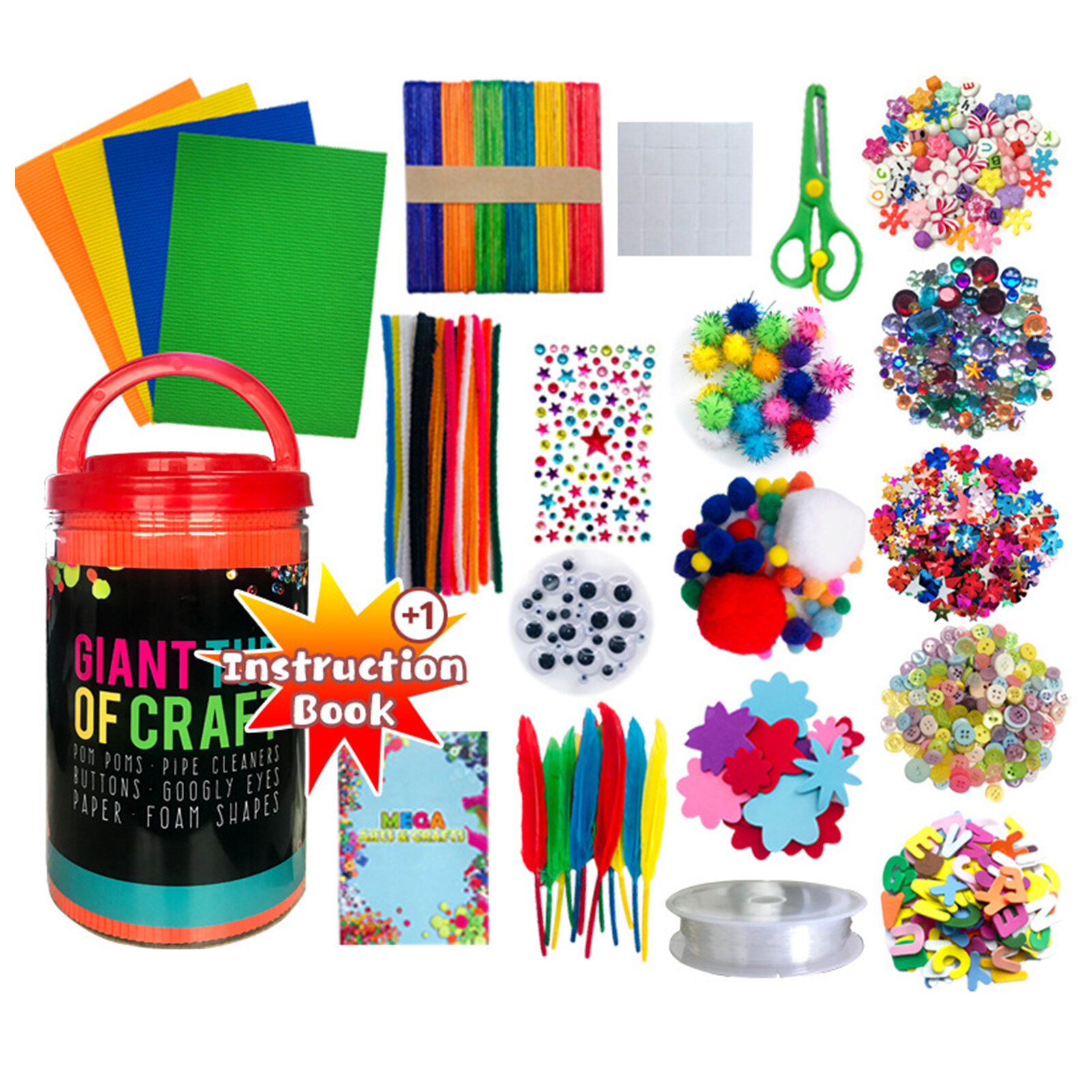 Handmade DIY Arts and Crafts Supplies Kit 500+ Piece Activity Material Set with EVA Letter Flowers Sticker Ice Cream Sticks Sequins Beads Buckles Educational Gift for Students School Kindergarten Home
