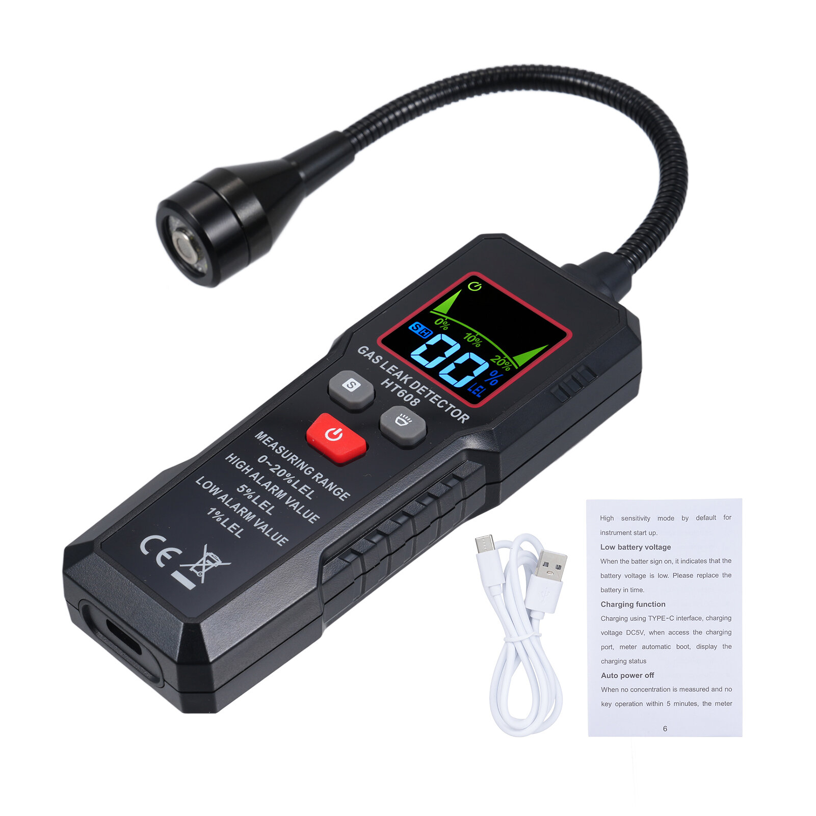 Детектор утечки газа HT608, для метана/бутана/этилена, с фонариком