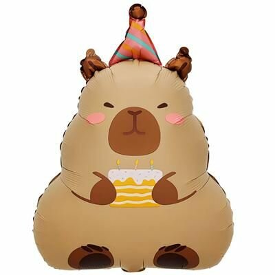 Воздушный шар фольгированный весёлая затея Капибара в колпаке с тортом, коричневый, 27"