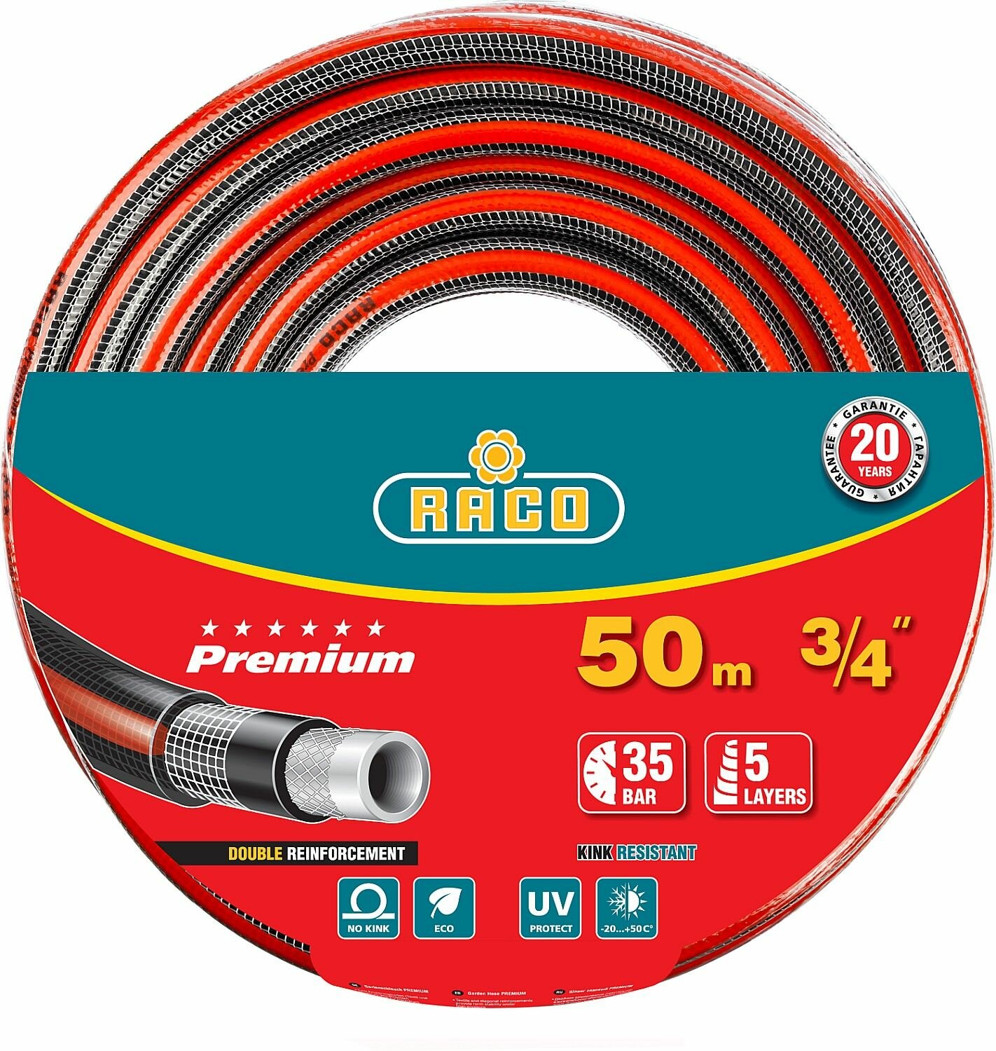 Шланг поливочный RACO PREMIUM, 3/4 , 50 м, 35 атм, пятислойный, усиленный двумя слоями армирования, арт. 40300-3/4-50_z01