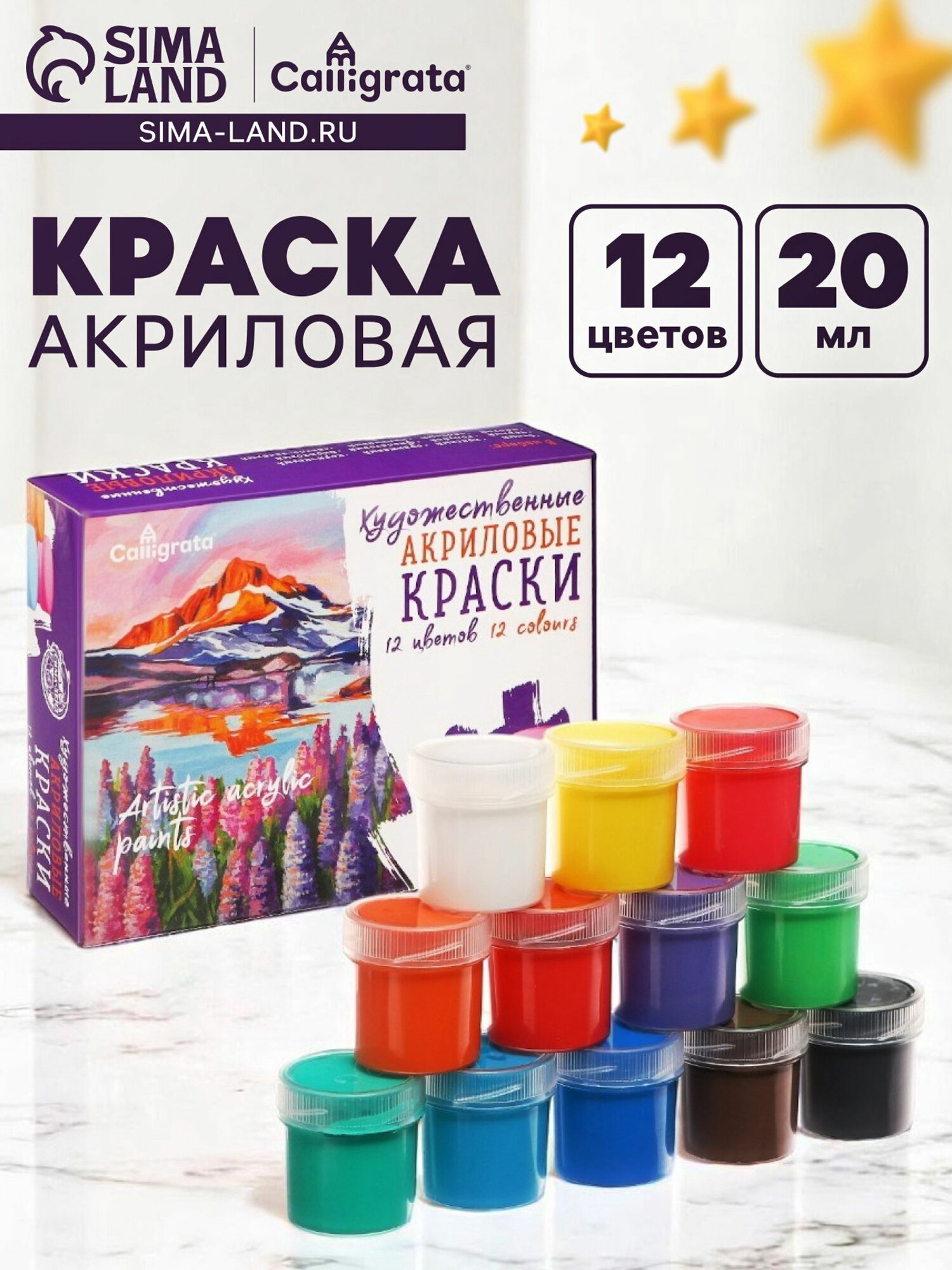 Краска акриловая, набор 12 цветов x 20 мл, художественная, морозостойкая, в картонной коробке