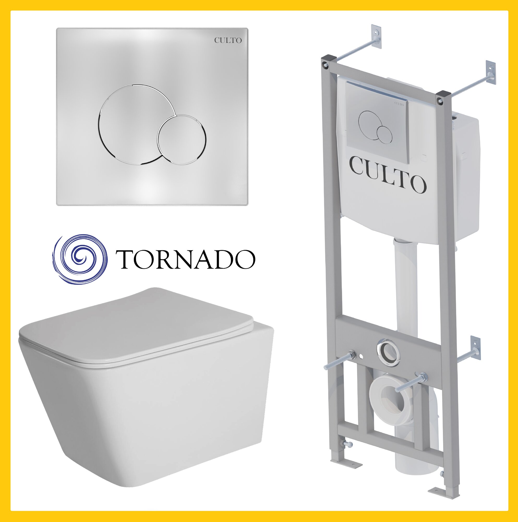 Инсталляция с подвесным унитазом CULTO ESTE 2.0. Система смыва Торнадо. Комплект: подвесной безободковый унитаз, инсталляция, клавиша смыва хром круглая