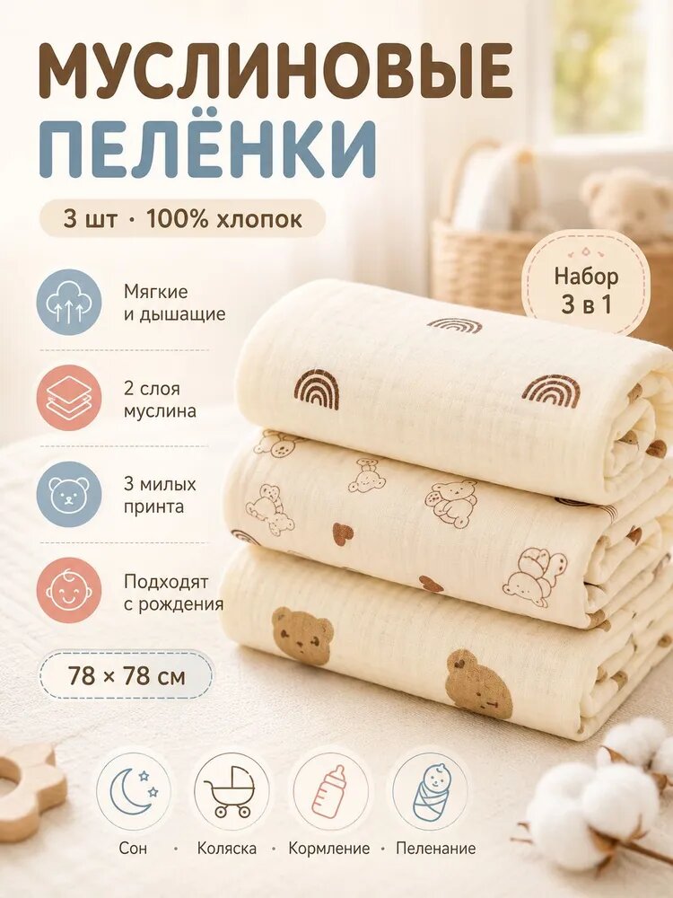 Полотенце детское муслиновое 78x78 см, хлопок, белое, 3 шт, для новорожденных
