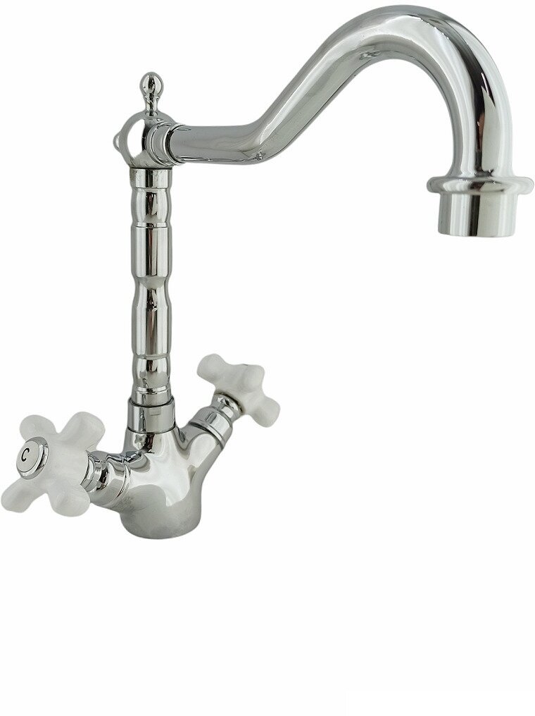 Смеситель EDENY для кухни двухвентильный. Цвет хром , керамичесая кран-букса (1/2), материал латунь. Высота 260 мм, вынос излива 210 мм, крепление на гайке.