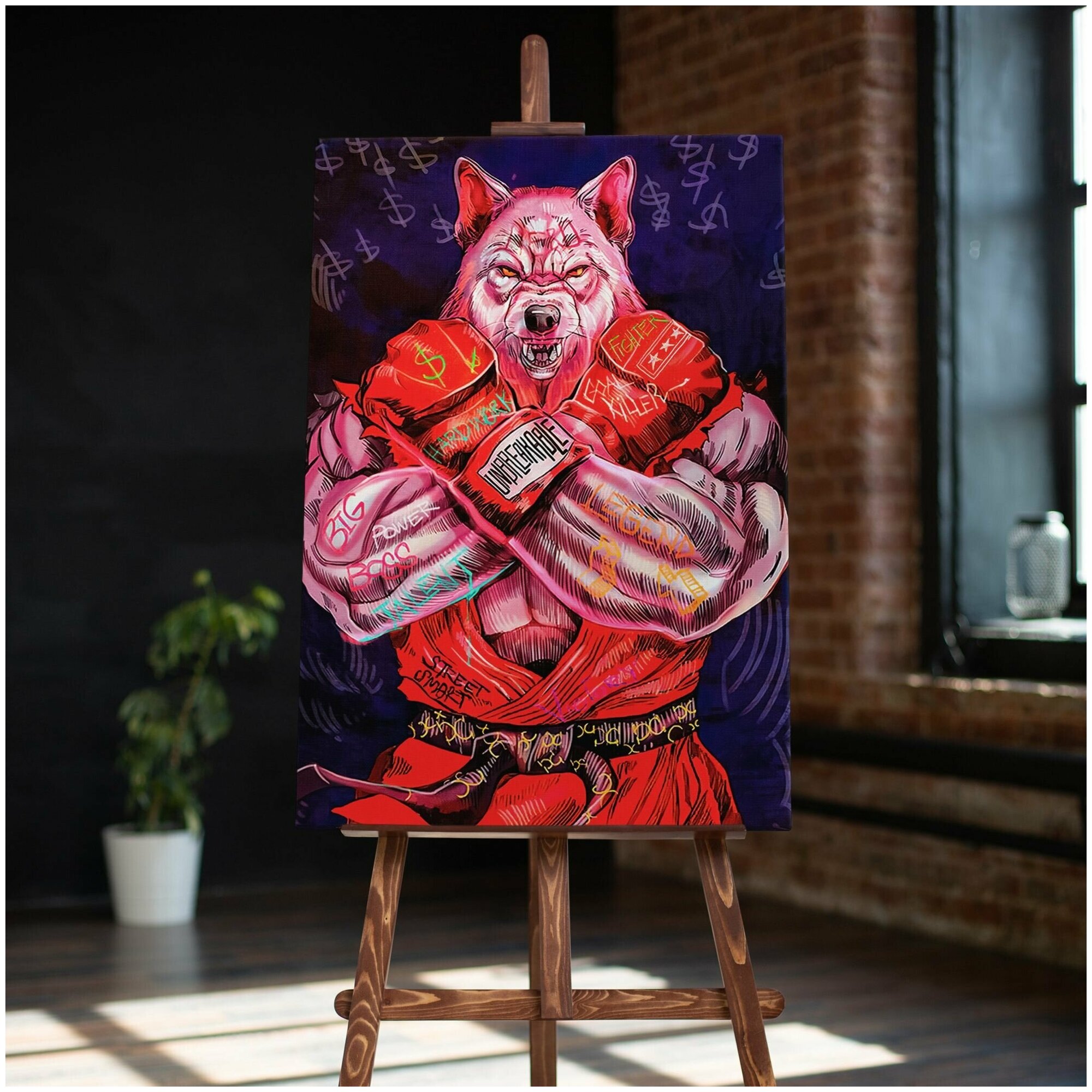 Картина на холсте "Меня не сломать" для гостиной, офиса, в прихожую / Граффити, мотивация, поп арт постер, волк