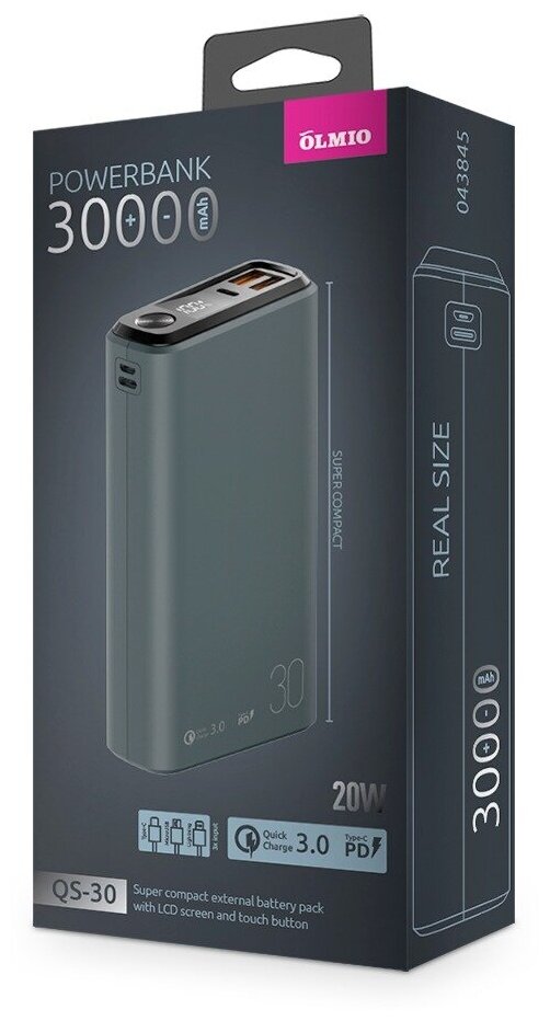 Портативное зарядное устройство Olmio QS-30 30000mAh, 20W, QC 3.0, PowerDelivery, LCD, темно-серый