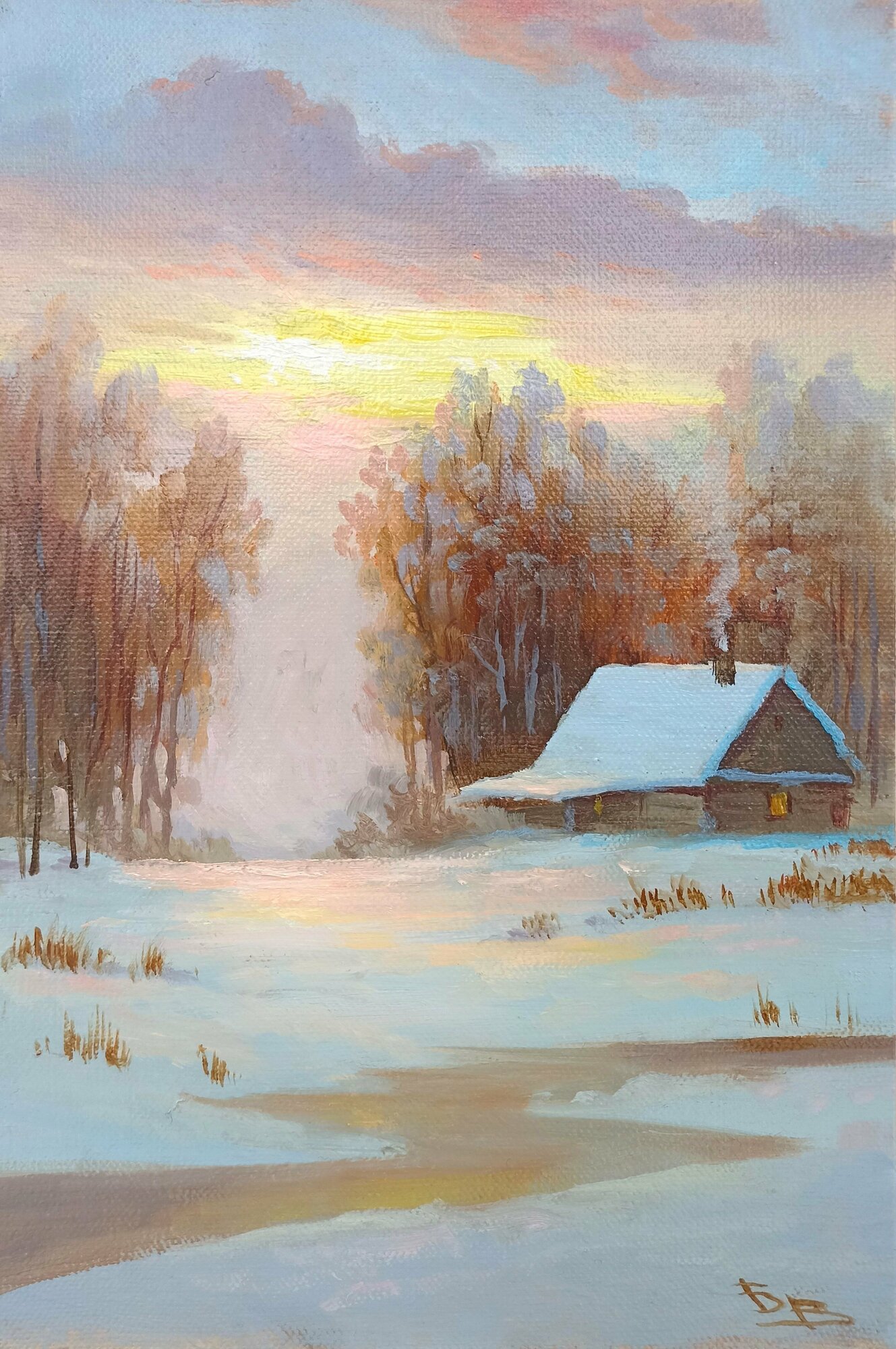 Картина масло/холст. 100% ручная работа, 100% живопись от Художественной мастерской Грëзы. Зимний пейзаж с деревенским домиком. Размер 20х30 см.