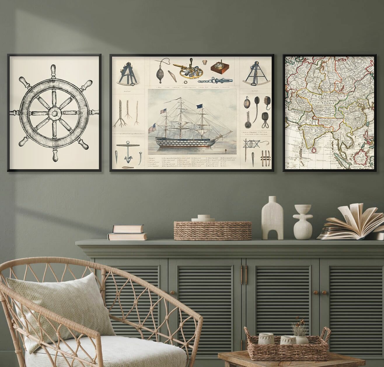 Постер 3 шт без рамки "Ретро Корабли" набор картин для интерьера