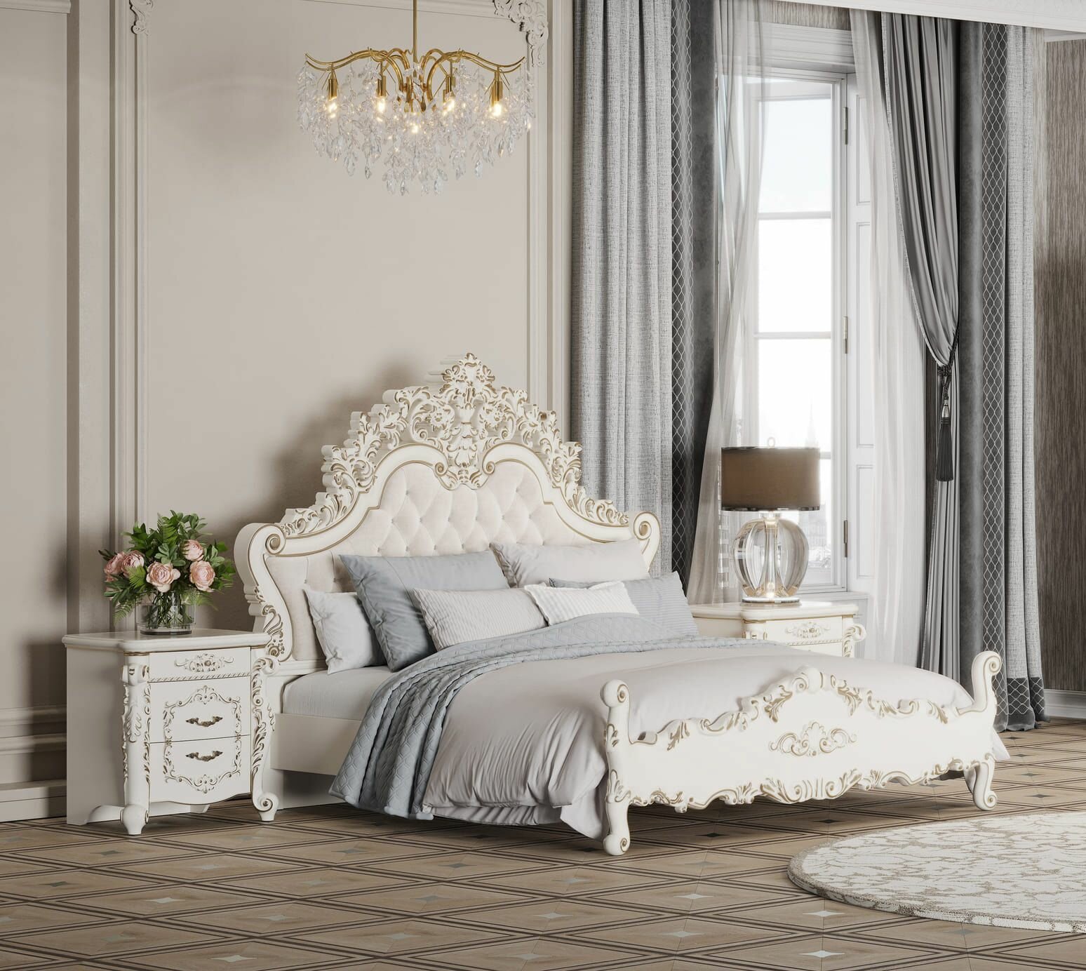 Спальный гарнитур Арида Венеция Стайл крем (Кровать 1,6; 2 тумбы; Туалетный стол с зеркалом и пуфом; Шкаф 3 дв)