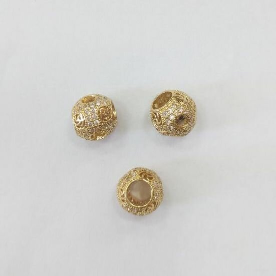 Бусина металлическая 9.5х8.5мм, Milano, Перфорированная с крупным отверстием, с фианитами, базовый материал - латунь, под золото, 1 шт.