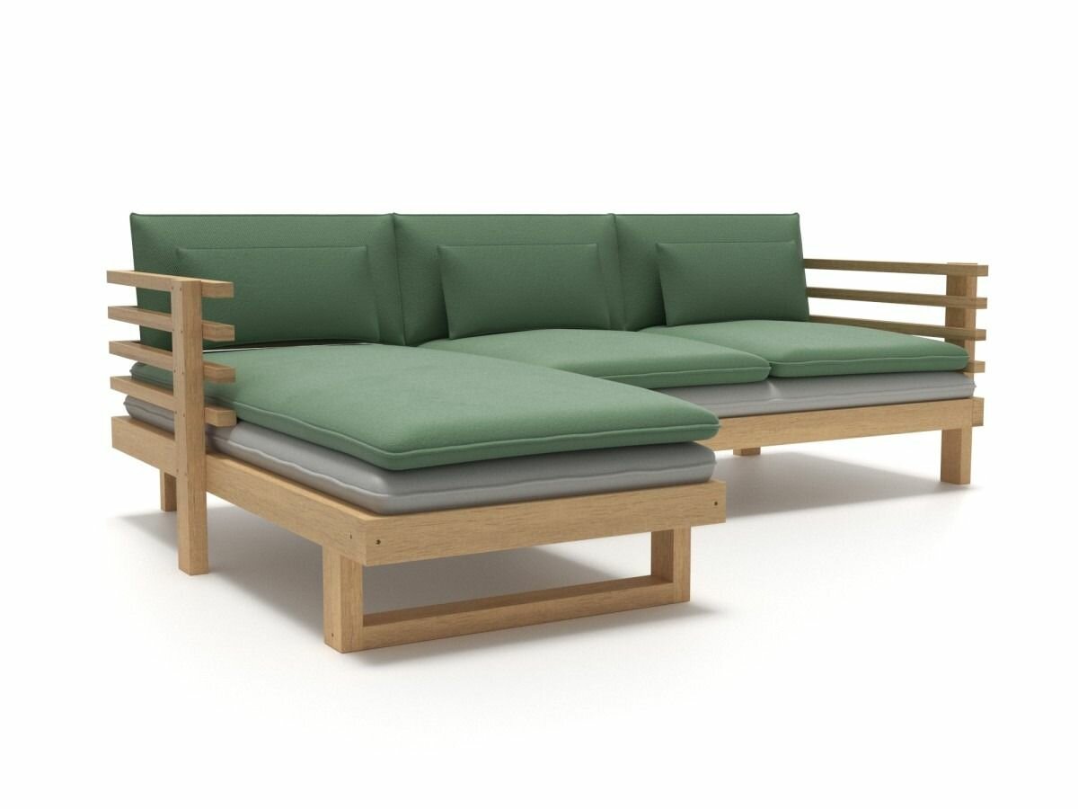 Диван угловой садовый Soft Element Атлантик Green Ash левый, велюр, массив дерева, дачный, в баню в комнату отдыха, на терассу, на веранду