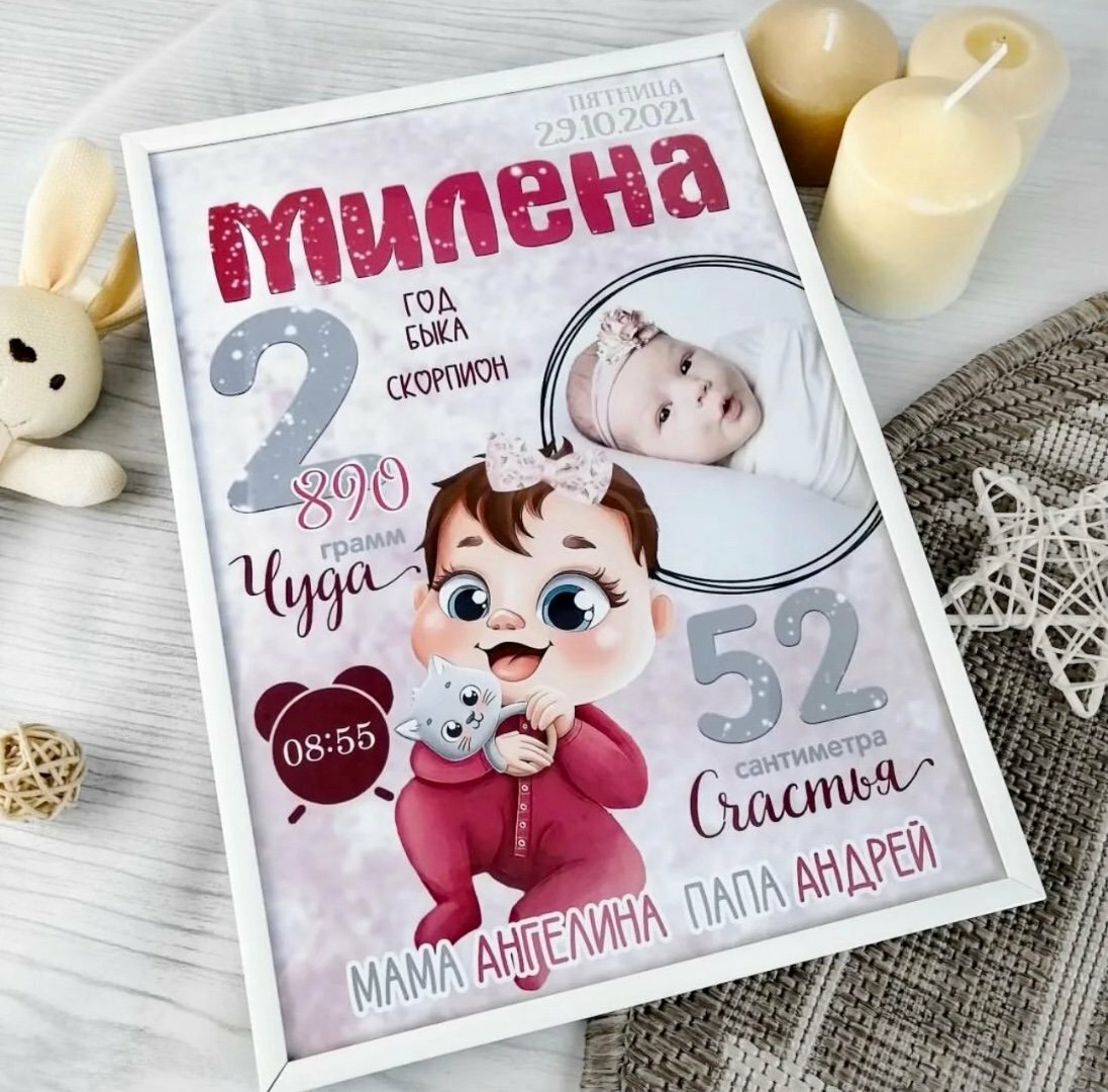 Открытка в рамке на выписку из роддома с печатью Вашего текста