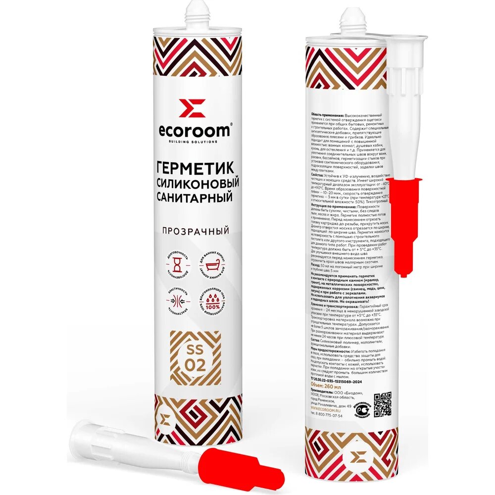 Герметик силиконовый санитарный ECOROOM SS-02, прозрачный, 260мл, 12 шт 2211-4-260/12, помещений