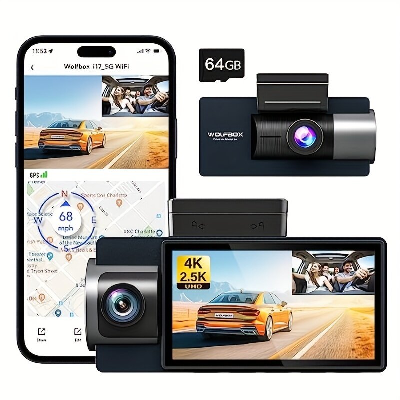 WOLFBOX TMI17 камера для автомобиля Dash Cam передняя и задняя, 4K + 2.5K двухканальная камера, встроенный 5G Wi-Fi GPS, камера с супер ИК ночным видением, 4K UHD 3" LCD экран