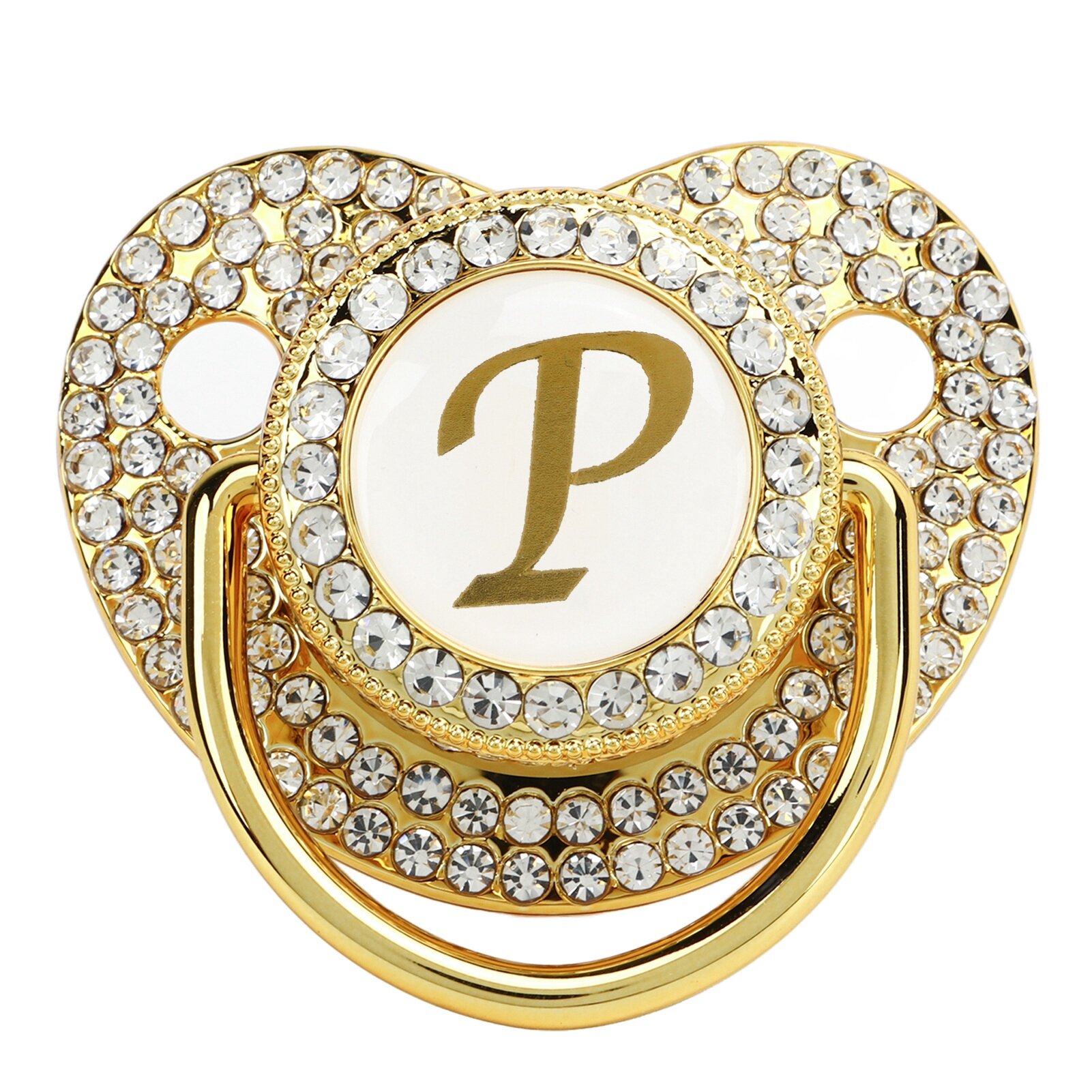 Пустышка Baby Bling с золотистым зажимом в форме буквы P, изогнутая пустышка с пылезащитным колпачком для новорожденного.