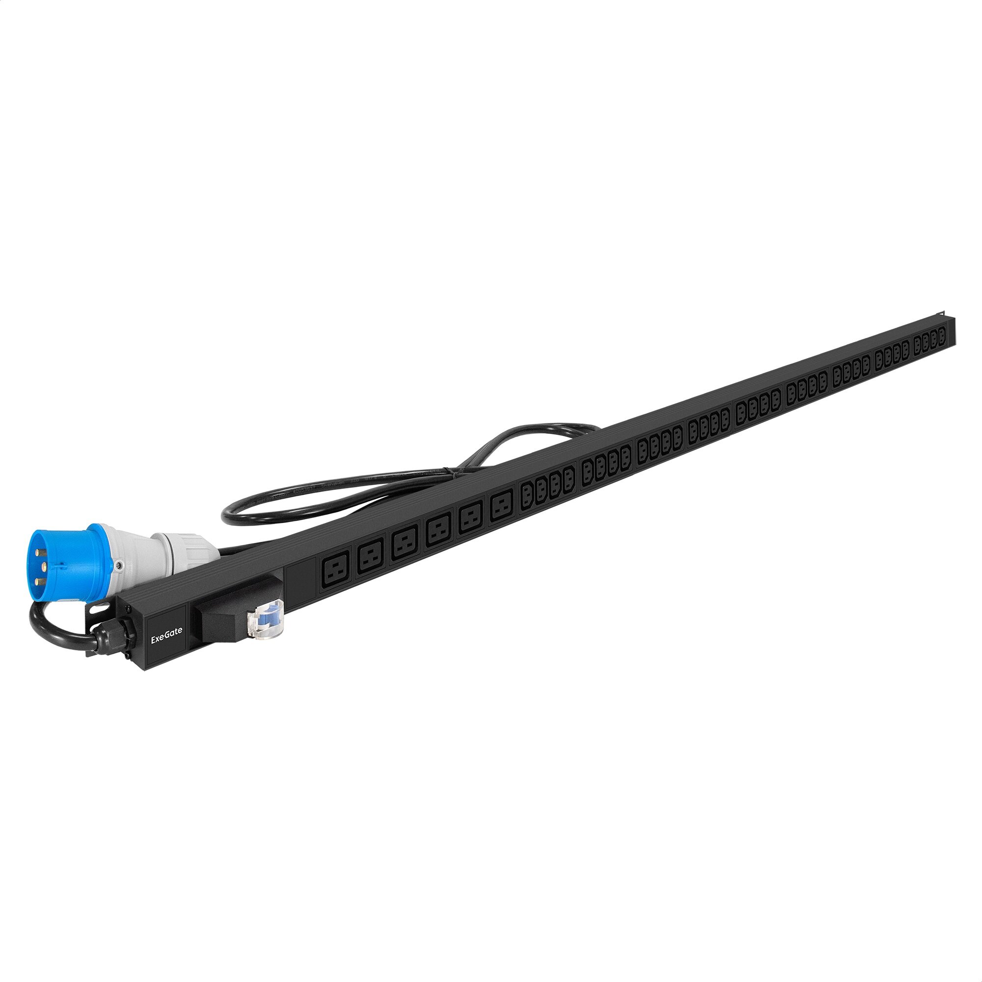 Вертикальный блок розеток 32A с автоматом защиты ExeGate ServerPro PDU-V636 Al-36C136C19-IEC309-32A-1P (19", 1U, Алюминий, 36 IEC 320 C13, 6 IEC 320 C19, IEC 60309 32A (2P+E), VDE-250V-32A-3*4mm2, медь, 2.8 метра, автомат выкл, черный, RTL) EX296171RUS