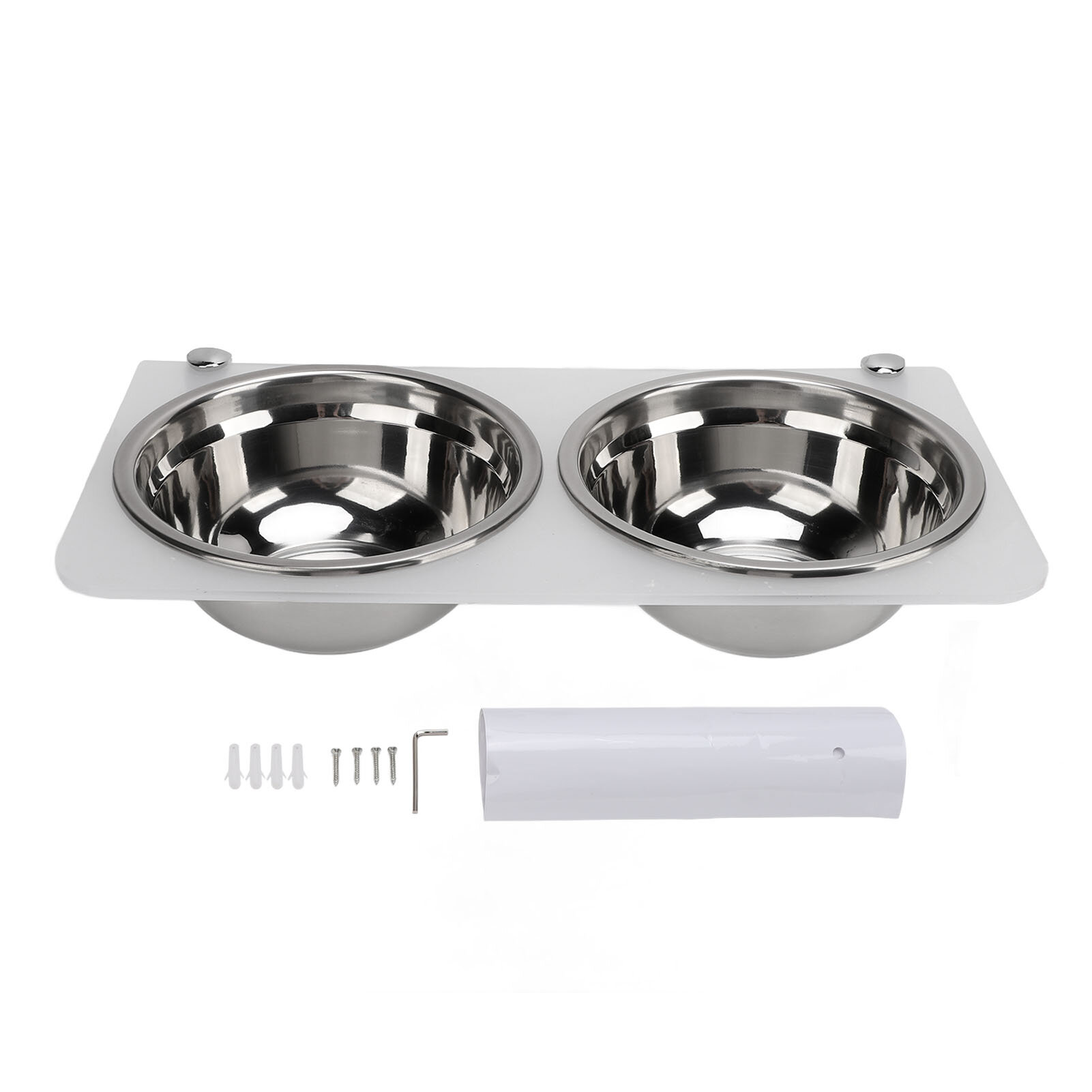 Настенная кормушка для собак объемом 0,8 л из нержавеющей стали с приподнятыми мисками для еды и воды, подвесная, с прозрачным кронштейном.