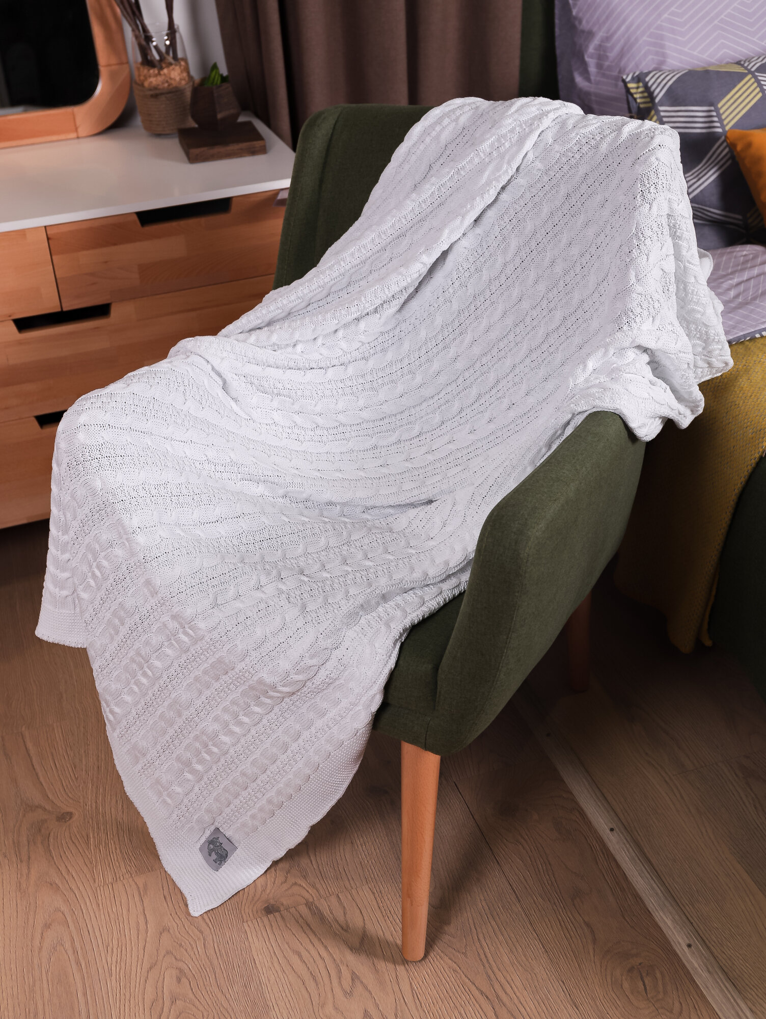 Плед 120х220, вязаный, Warm Whiff, хлопок 100%, покрывало на кровать, на диван, на кресло, в подарочной сумке