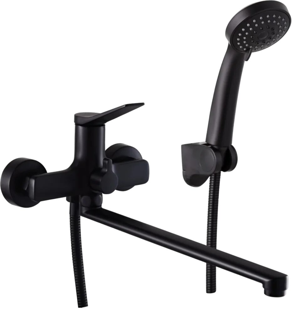 Смеситель с длинным изливом для ванны Fashun A2286-7 с душевым гарнитуром, поворотный, латунный, черный, матовый, смеситель для ванны с душем, рычажный, с настенным держателем