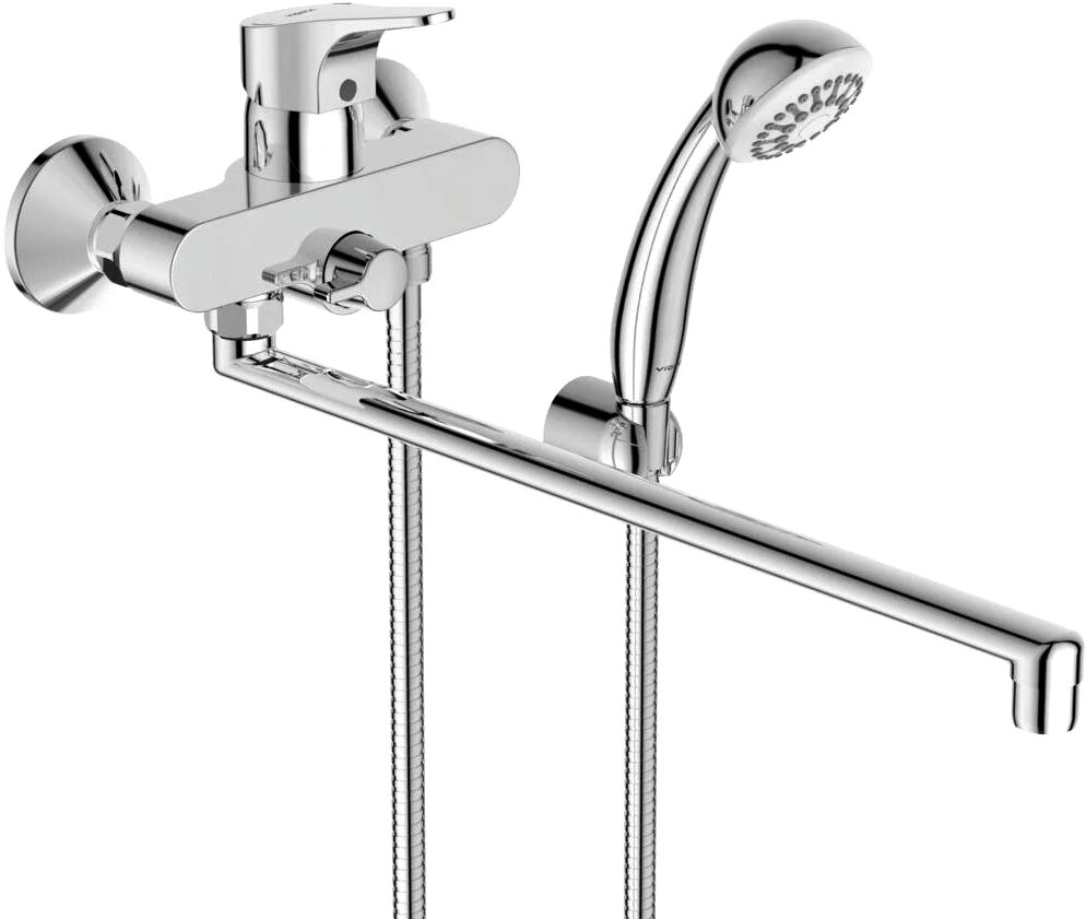 Смеситель с длинным изливом для ванны Vidima Next BA403AA с душевым гарнитуром, поворотный, латунный, хром, глянцевый, смеситель для ванны с душем, рычажный, с настенным держателем