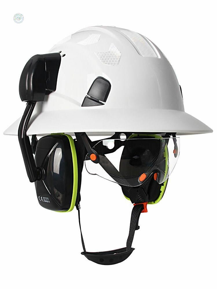 Строительная защитная каска с широким козырьком, HDPE, 52-63 см, комплект наушники и светоотражающие наклейки, рабочий шлем для строительства, завода, нефтяных объектов и быта