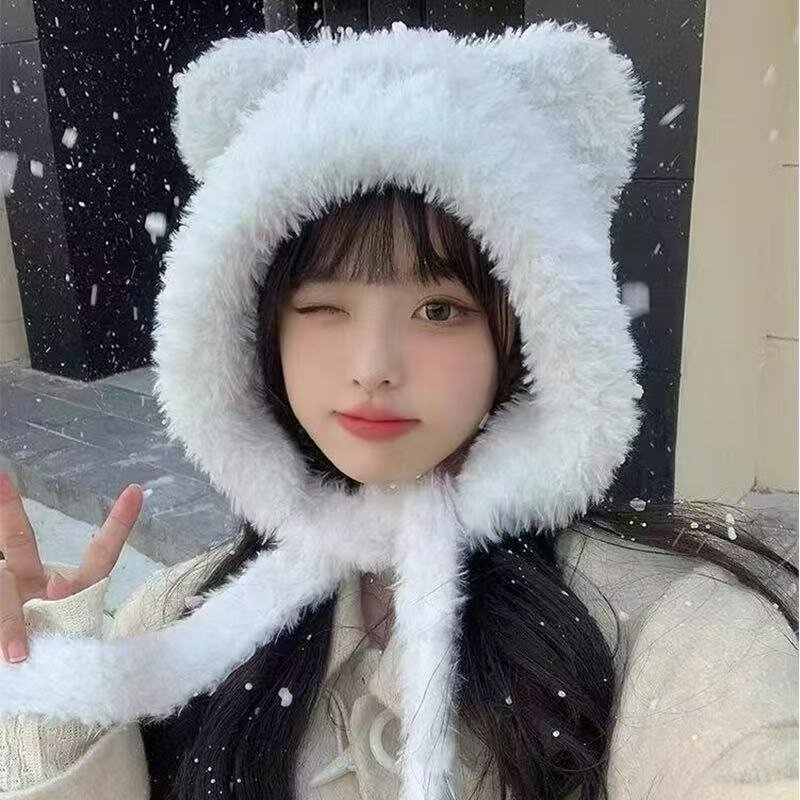 Милая вязаная пуловерная шапка с ушками плюшевого мишки для женщин на осень и зиму, теплая шерстяная шапка с большой окружностью головы, защита ушей