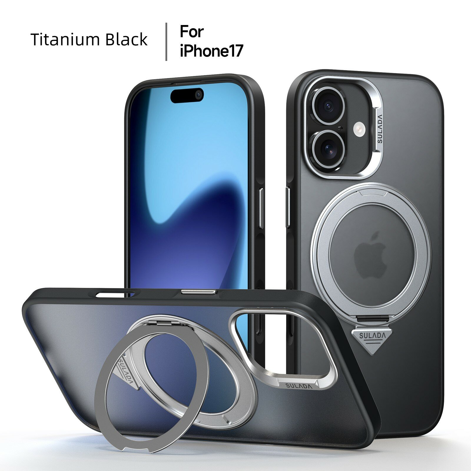 IPhone 17 Pro Матовый полупрозрачный магнитный поворотный кольцевой стойка чехол - Титановый черный
