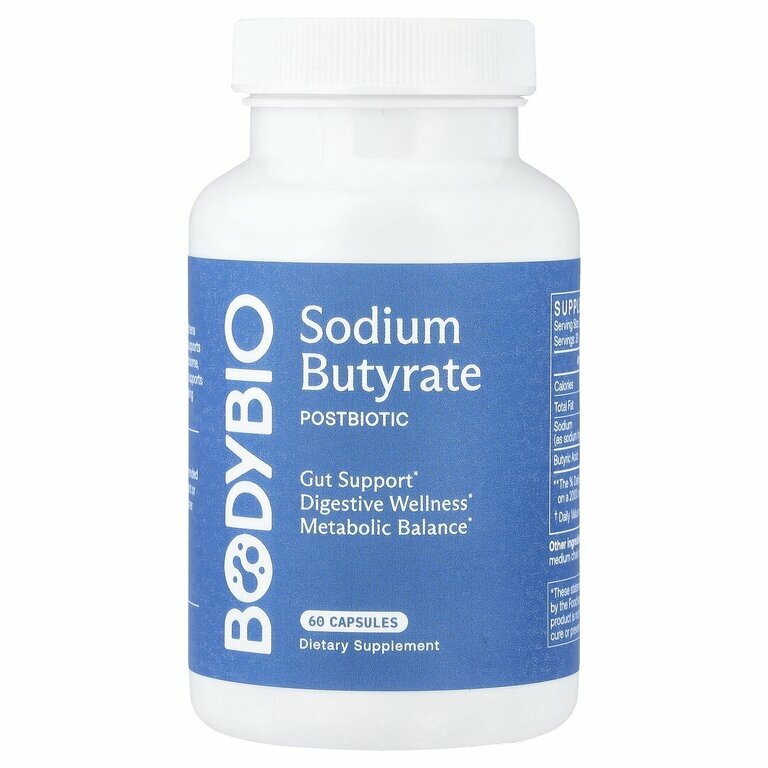 BodyBio, Бутират натрия, Sodium Butyrate, улучшение пищеварения и метаболизма, 60 капсул