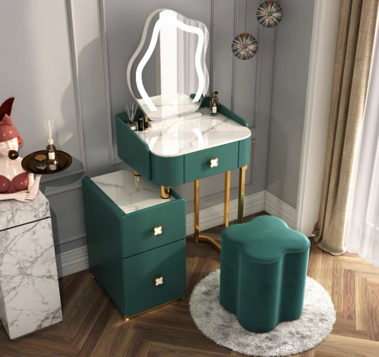 Туалетный столик Gladys (Комплект стол 50см + зеркало с подсветкой + пуф / цвет зеленый)